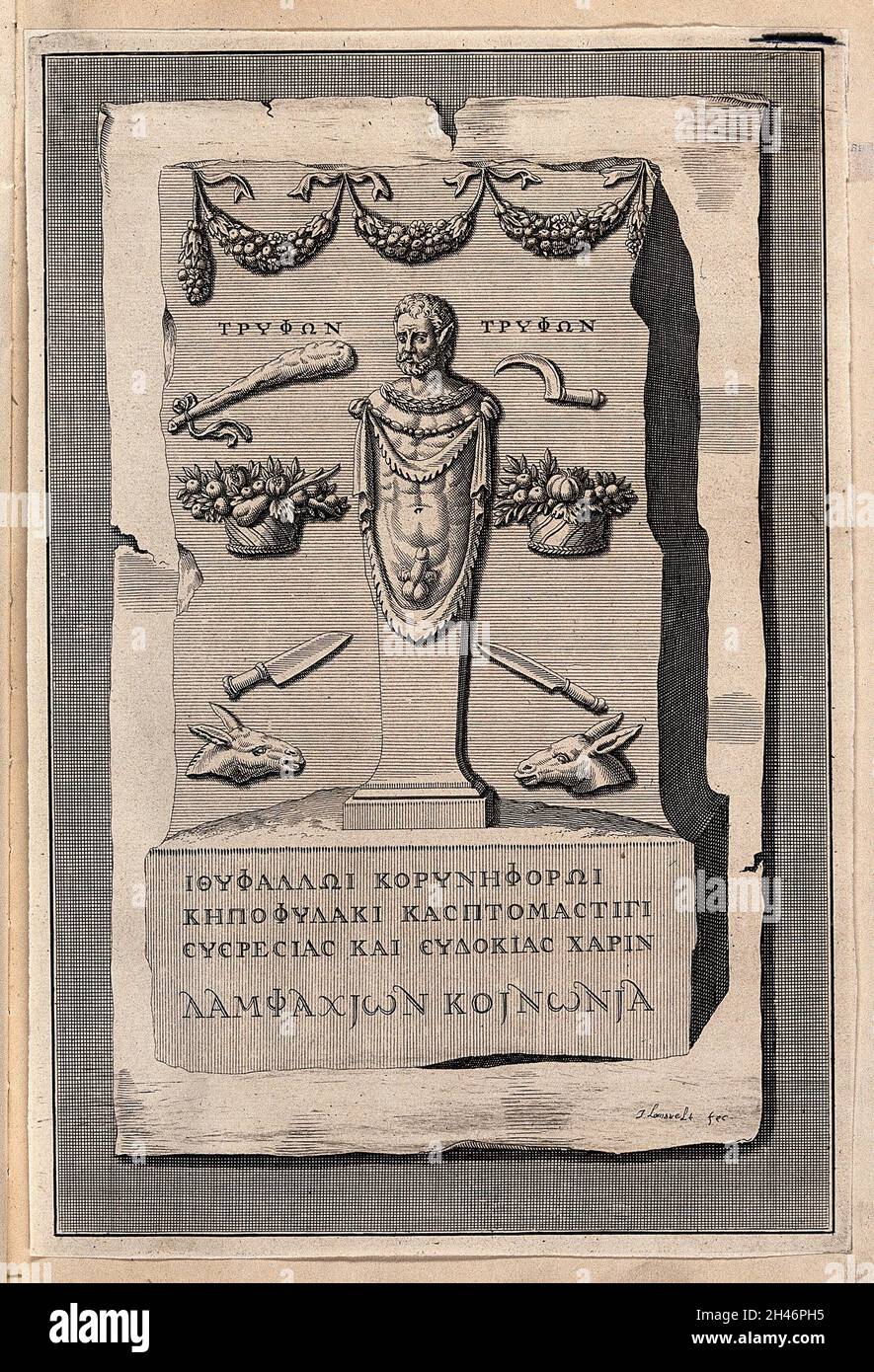 A statue of Priapus, the god of natural reproduction with baskets and ...