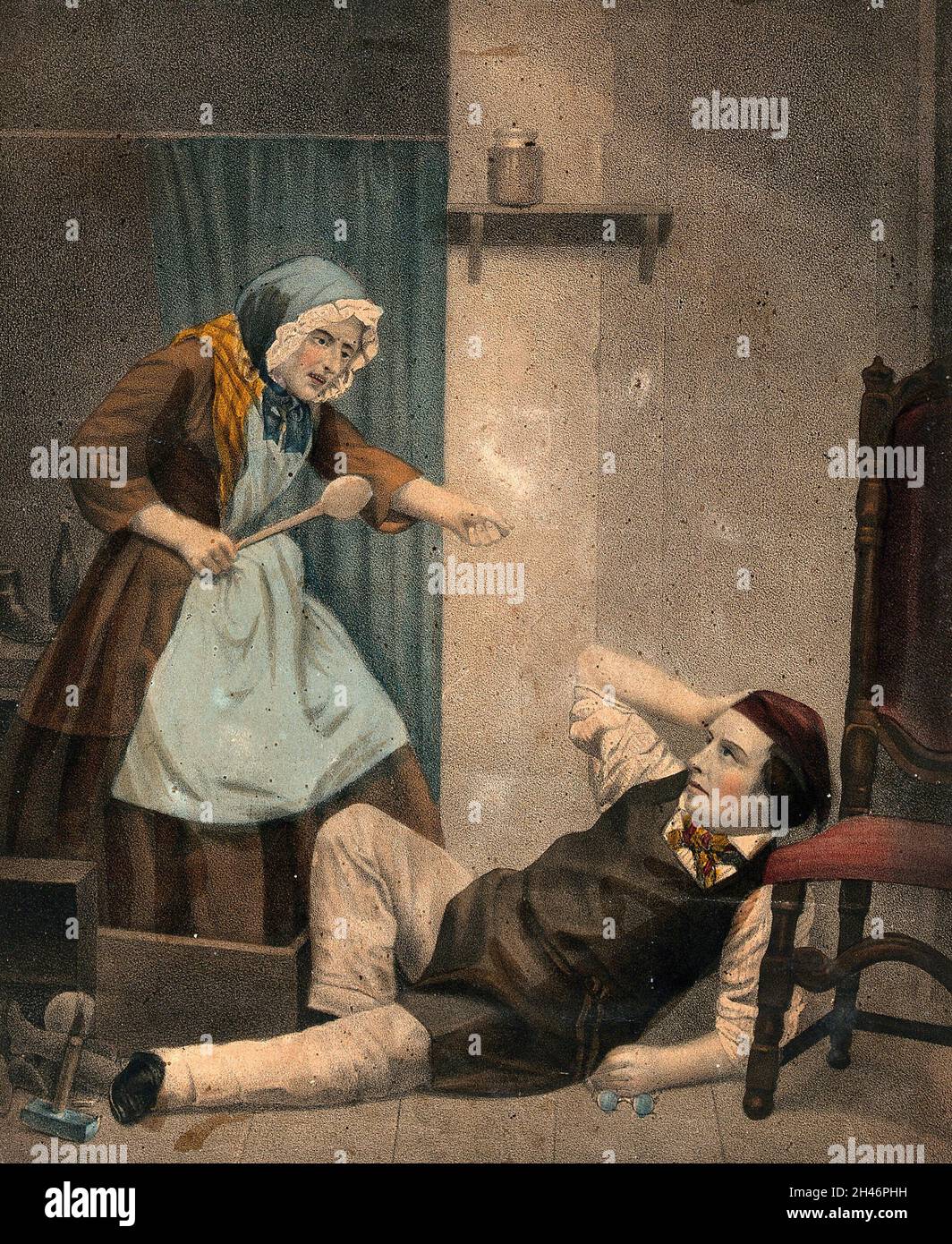 A shoemaker who has exchanged looks with a young woman customer lies on ...