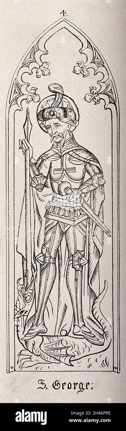 Saint George wearing armour and holding a sword is standing on the ...