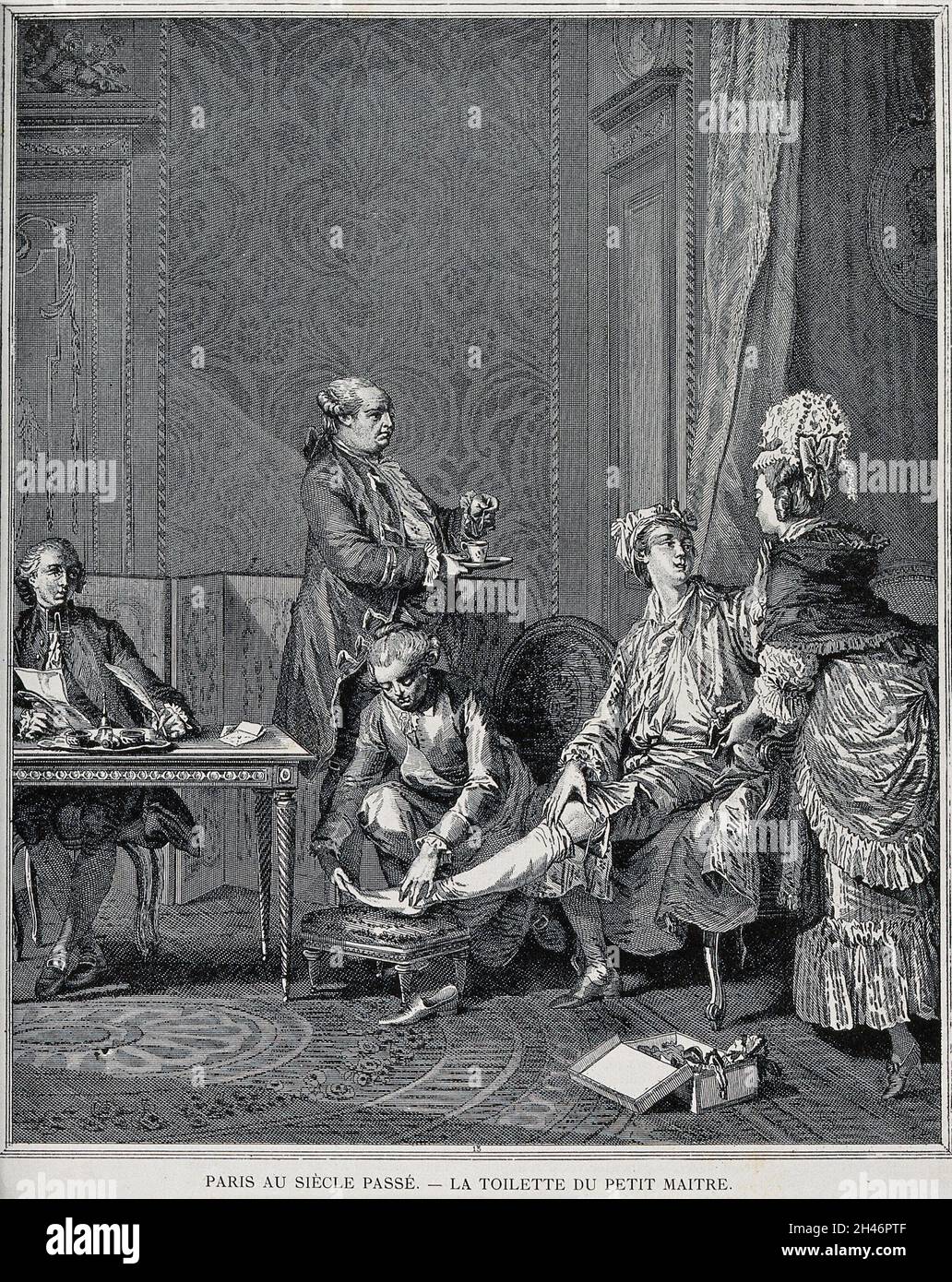 A seated man being dressed by a male servant while he talks with a ...