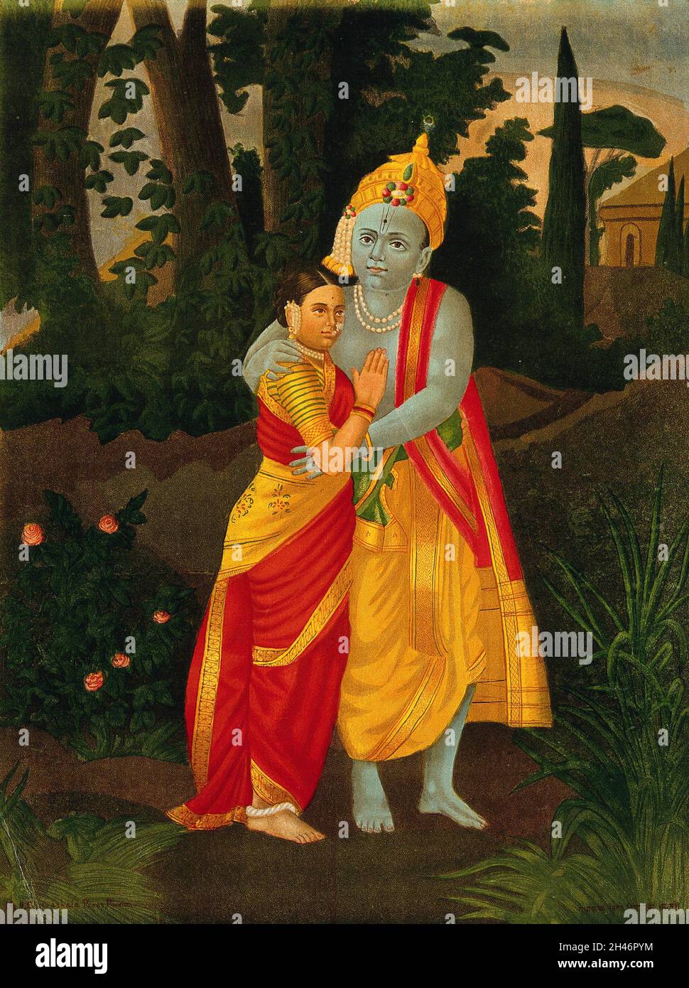 Krishna embracing Radha. Chromolithograph Stock Photo - Alamy