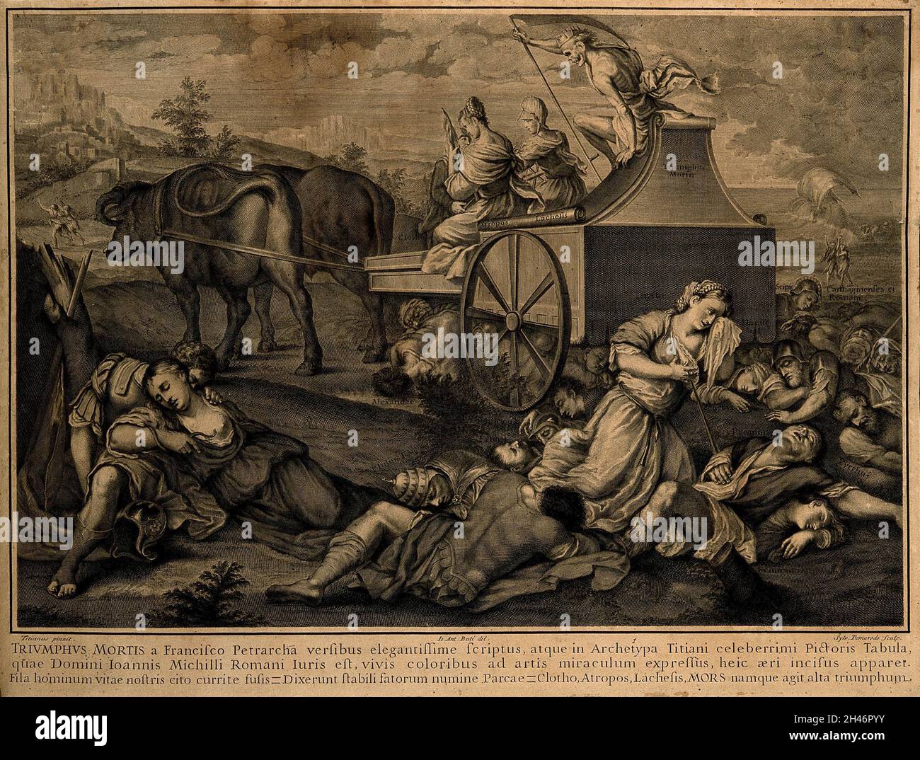 Death and three fates on an ox-drawn carriage; historical figures die ...