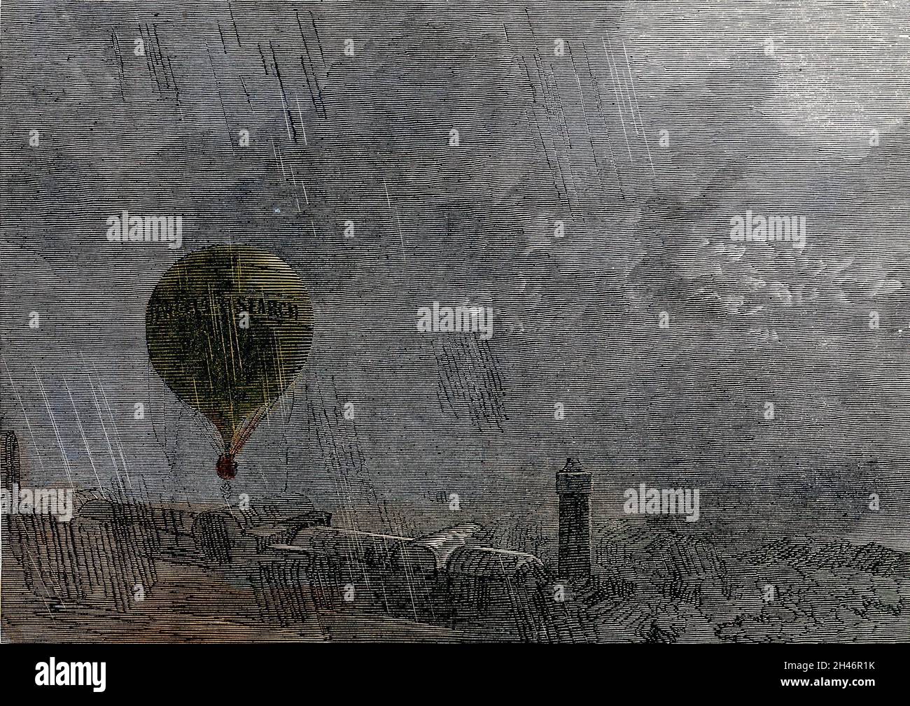 A hot-air balloon leaves the ground in driving rain. Coloured wood ...