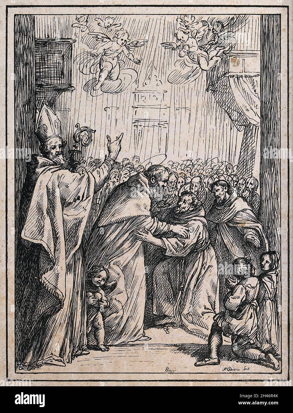 A bishop saint (Saint Nicholas?) with Saint Dominic Guzman (?) greeting ...