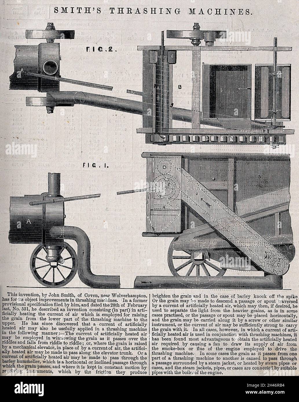 Farming: a patented steam-driven threshing machine. Wood engraving ...
