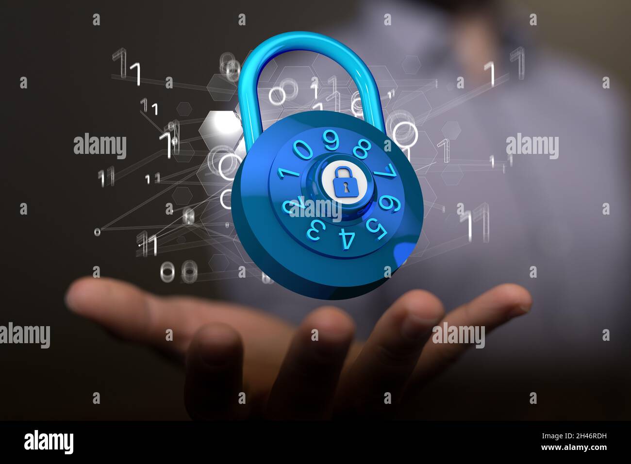 Person presenting 3D render of digital lock - cybersecurity and ...
