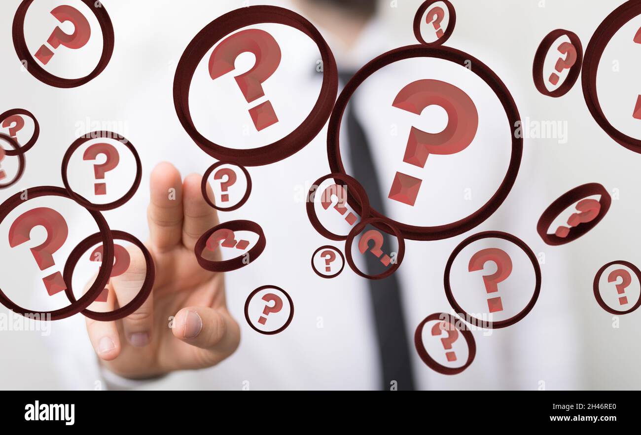 3D rendering of a businessman pointing at floating question marks icons Stock Photo - Alamy