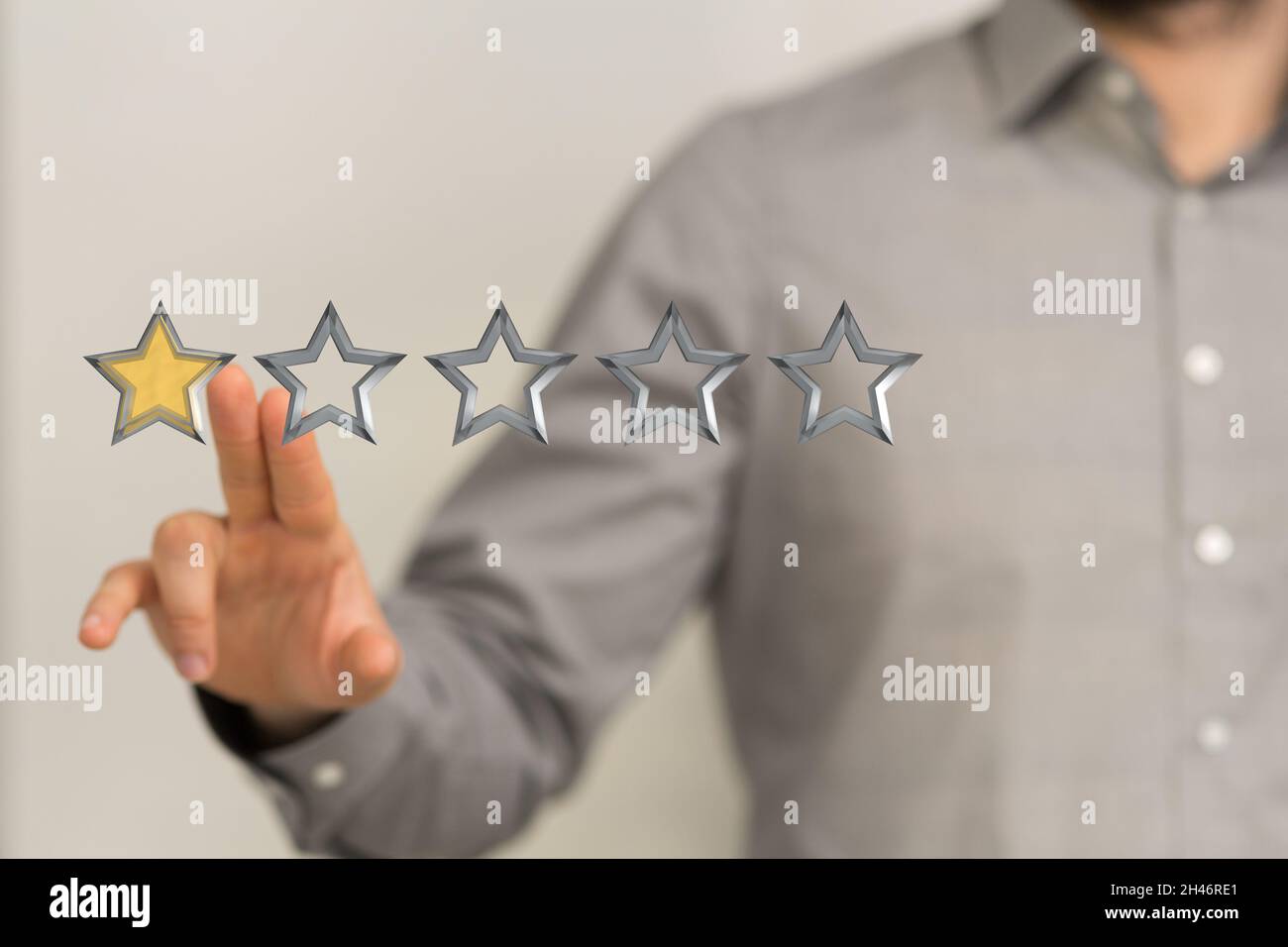3D rendering of a man pointing at floating one-star Stock Photo - Alamy