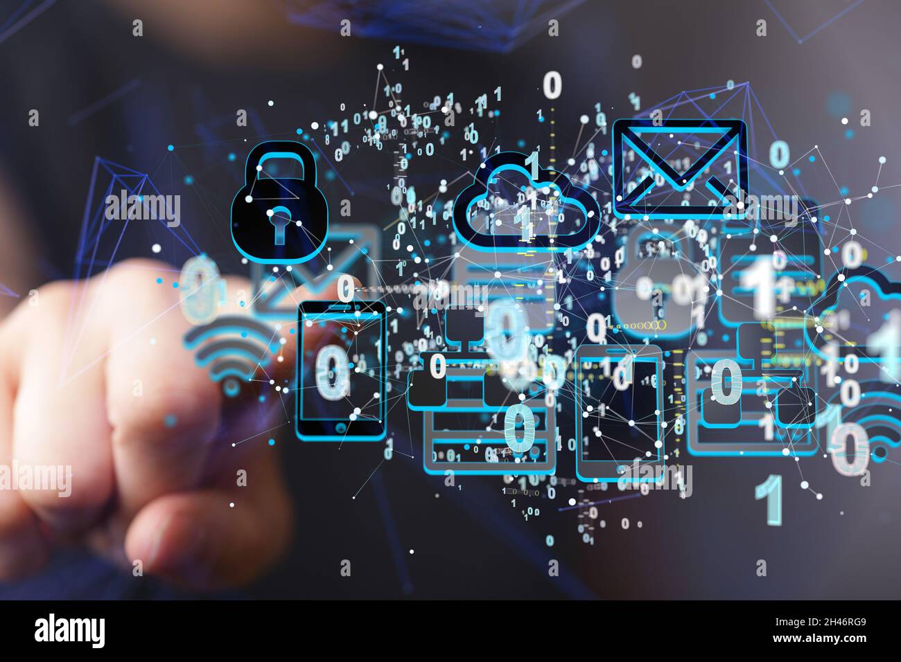 3D rendering a man-pointing at data Internet infrastructure concept ...