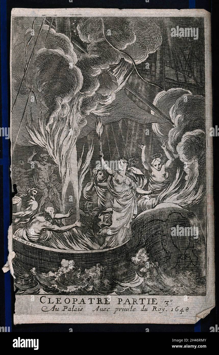 Cleopatra setting fire to the sails of a ship. Etching by F. Chauveau ...