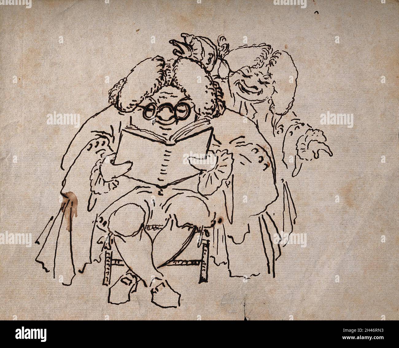 A mature fat man sits in a chair reading while another man creeps up ...
