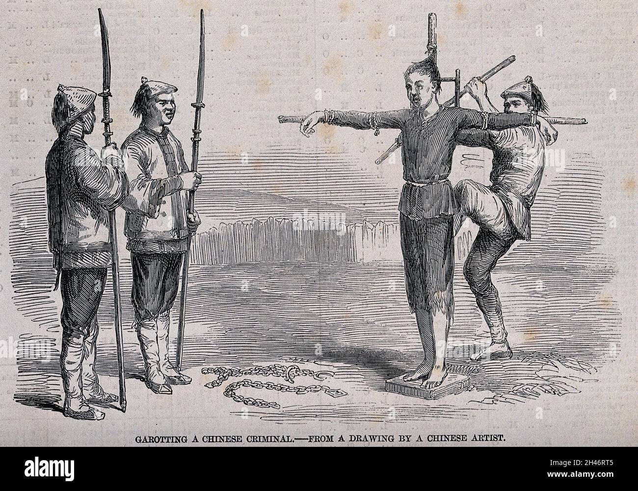 A Chinese man being garrotted attached to a cross; two guards watching ...