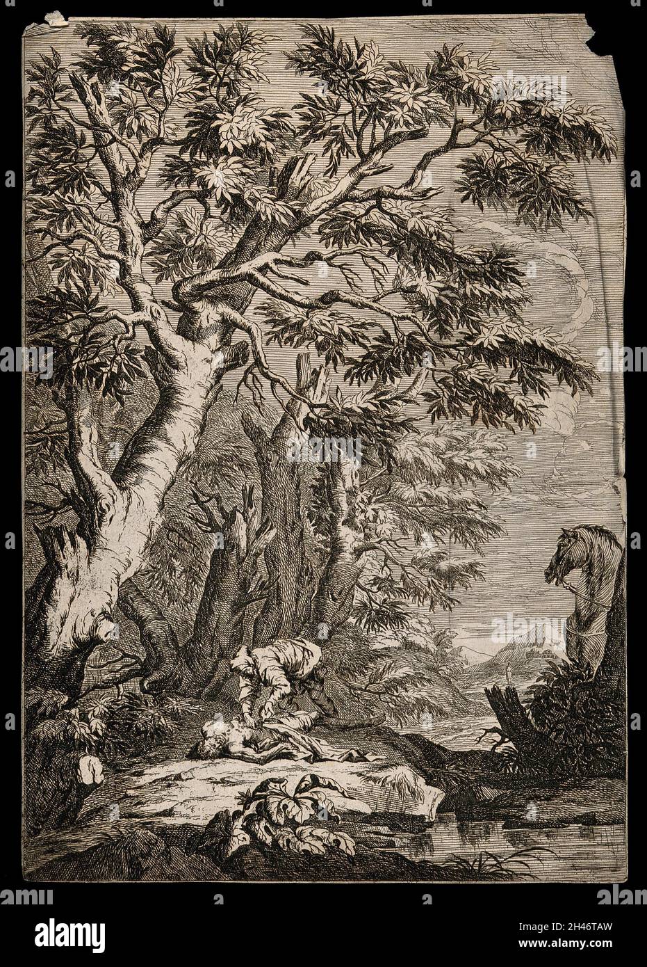 The good samaritan pouring oils on a wounded half-dead man. Line ...