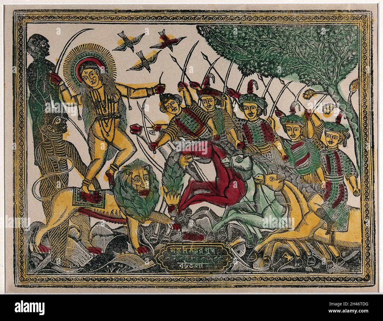 Durga defeats the demon army led by Sumbha and Nisumbha. Engraving with ...
