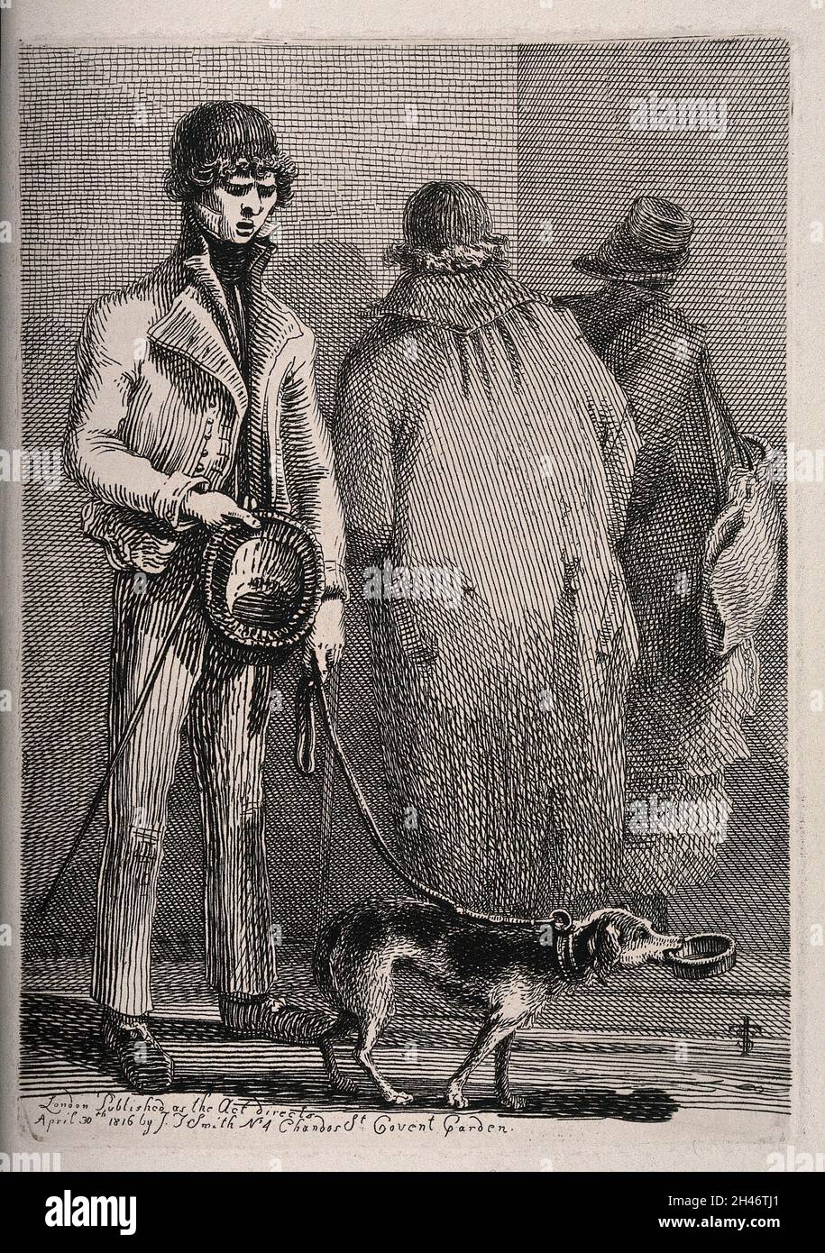 A blind beggar walks past two figures guided by his dog with a begging ...