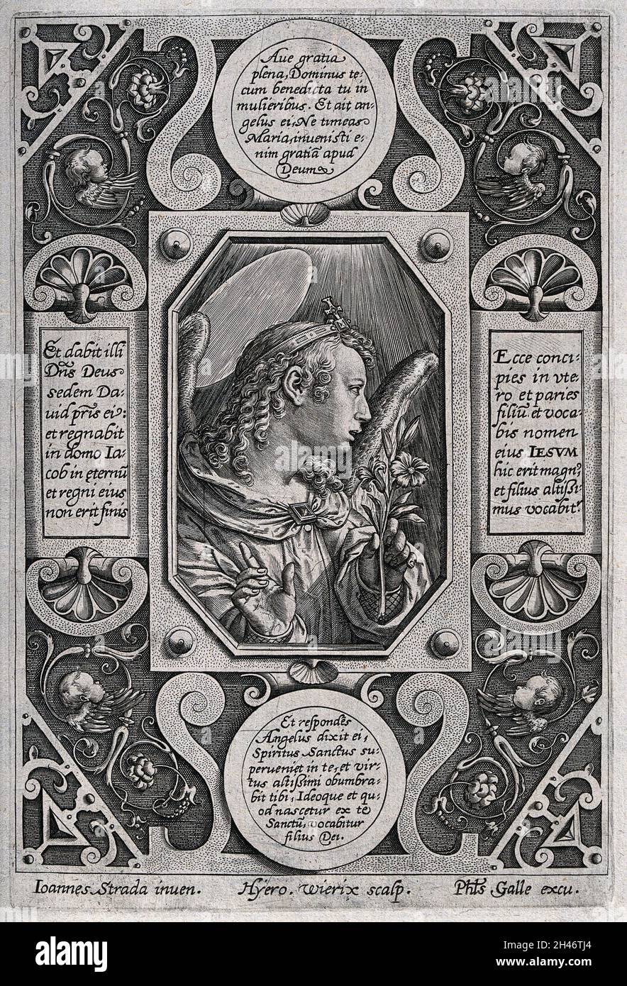 The angel of the Annunciation. Engraving by H. Wierix after J ...