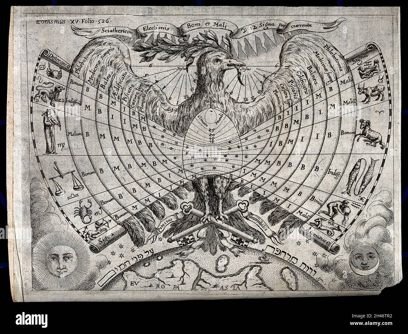 A dove stands on crossed keys holding in its wings a chart showing the ...
