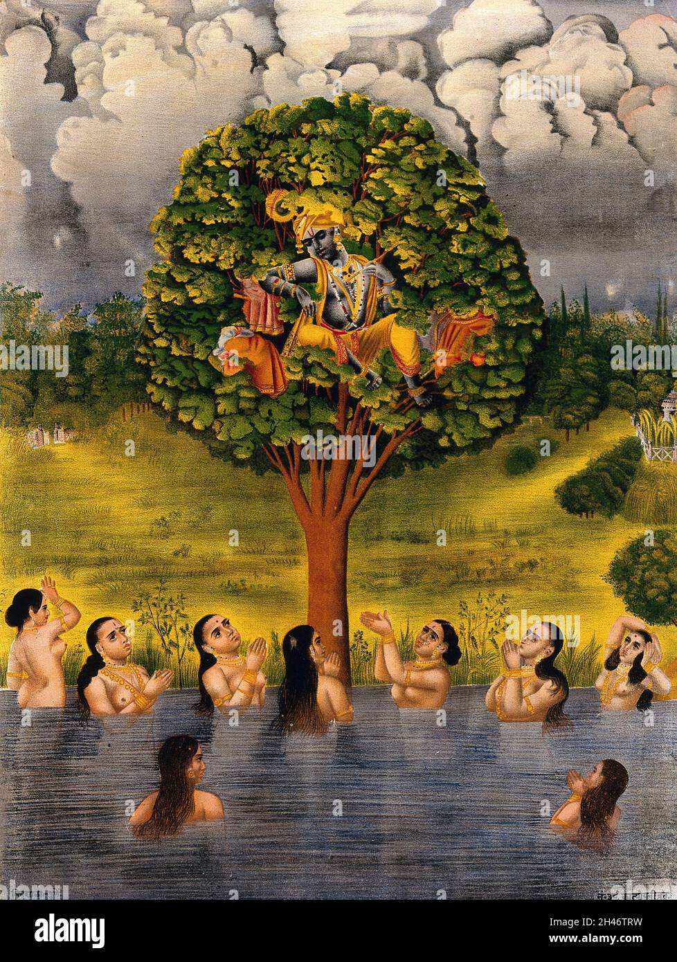 Krishna seated in a tree above a river with the gopis' clothes and making the gopis plead for ...