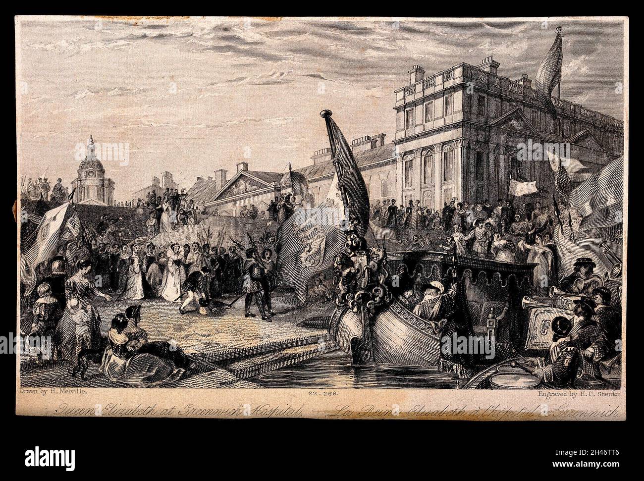 Queen Elizabeth I making her way to the Royal Barge moored at the quay ...