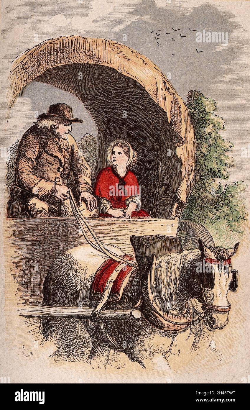 A young woman and an old man riding in a large horse-drawn wagon ...