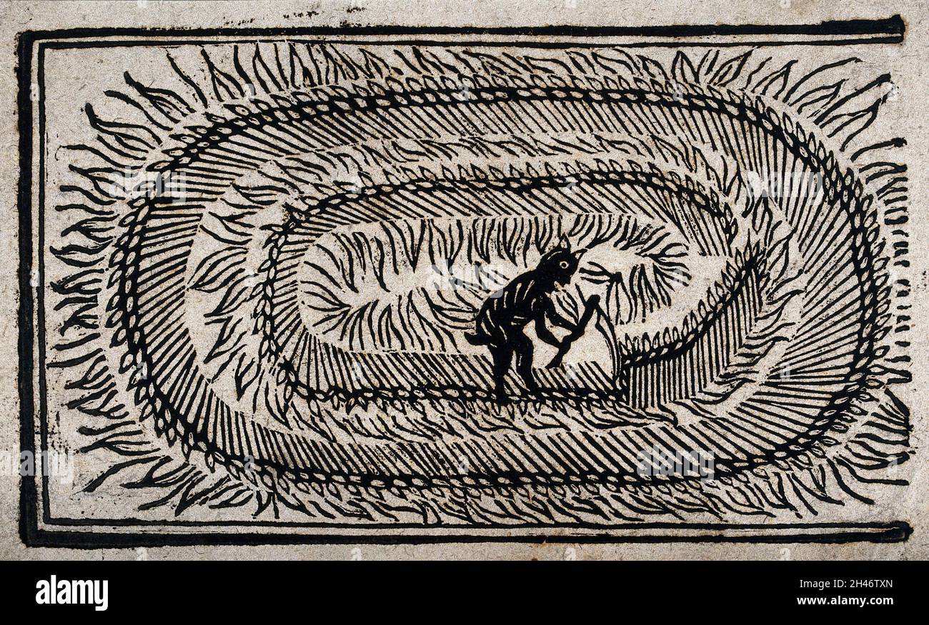 A devil hacks a field with a scythe. Woodcut, ca. 1700-1720 Stock Photo ...