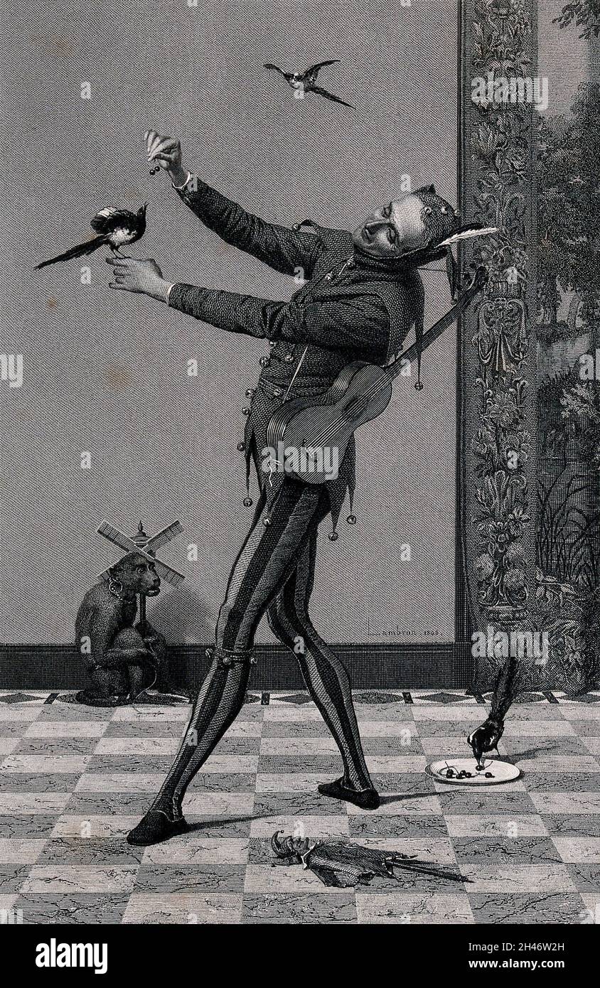 A jester with a small guitar slung over his shoulder offers cherries to ...