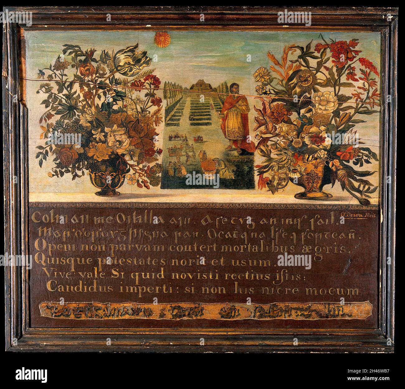 Vases of flowers and a botanic garden with Saint Peter. Oil painting by ...