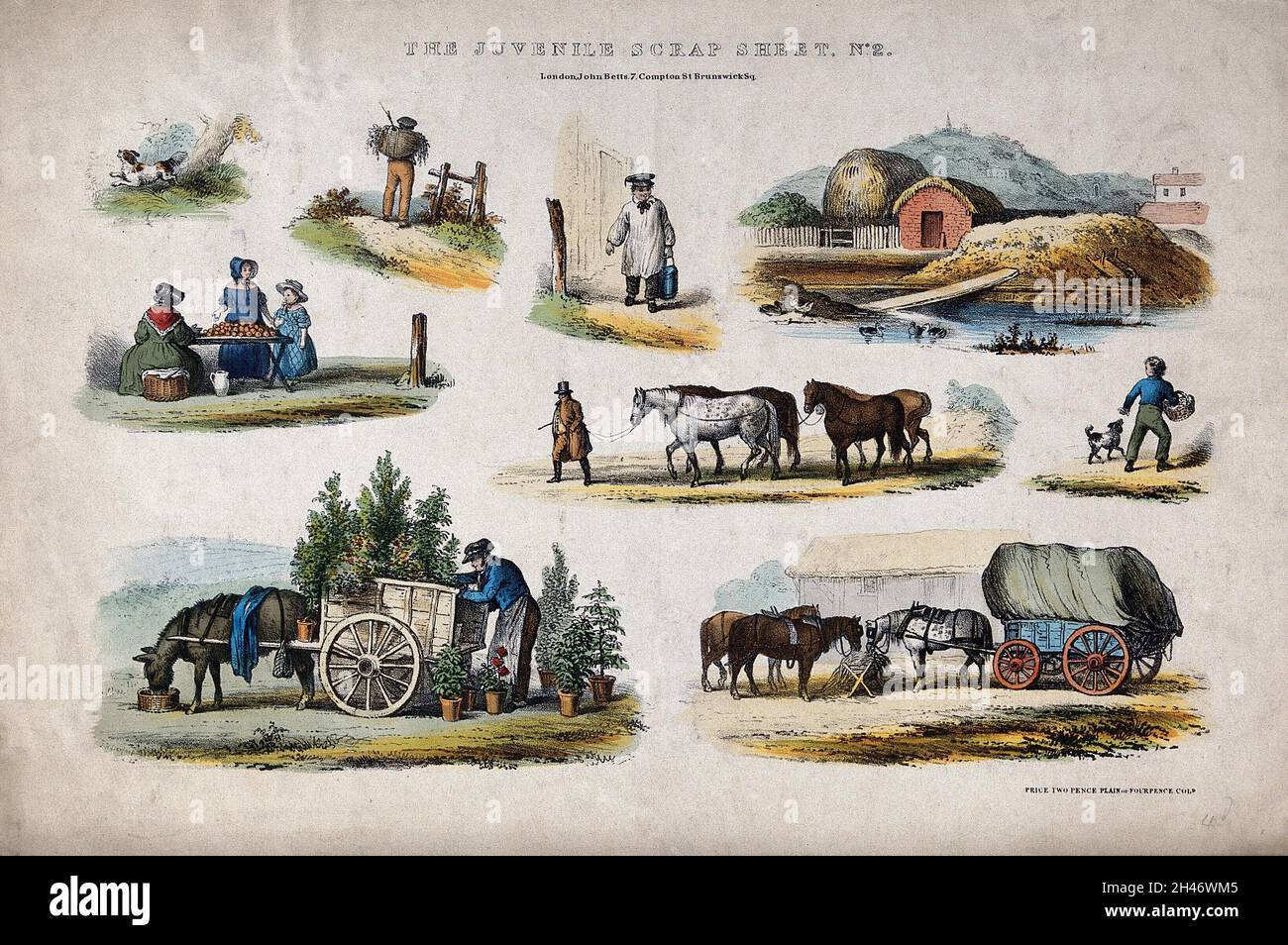 A collection of rural scenes, including a boy carrying a milk churn, a ...