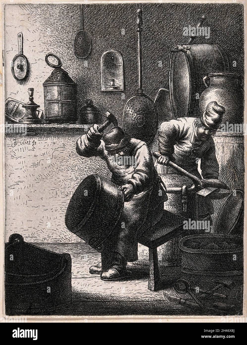 Iron forging: interior view, beating and cutting of iron containers ...