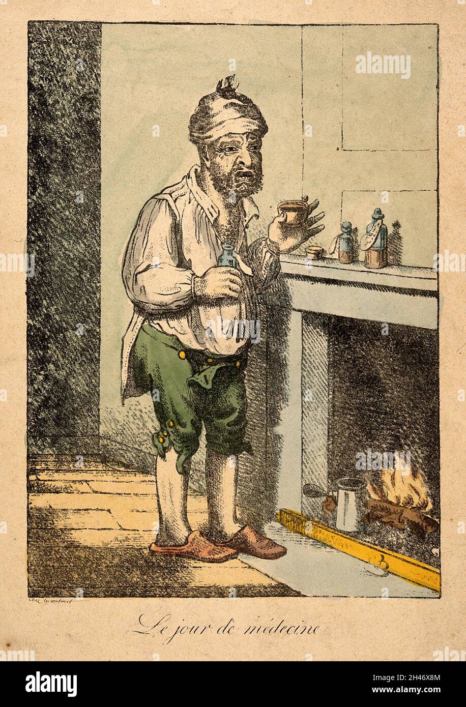 A man standing by a fireplace, pulling a peculiar face after taking ...