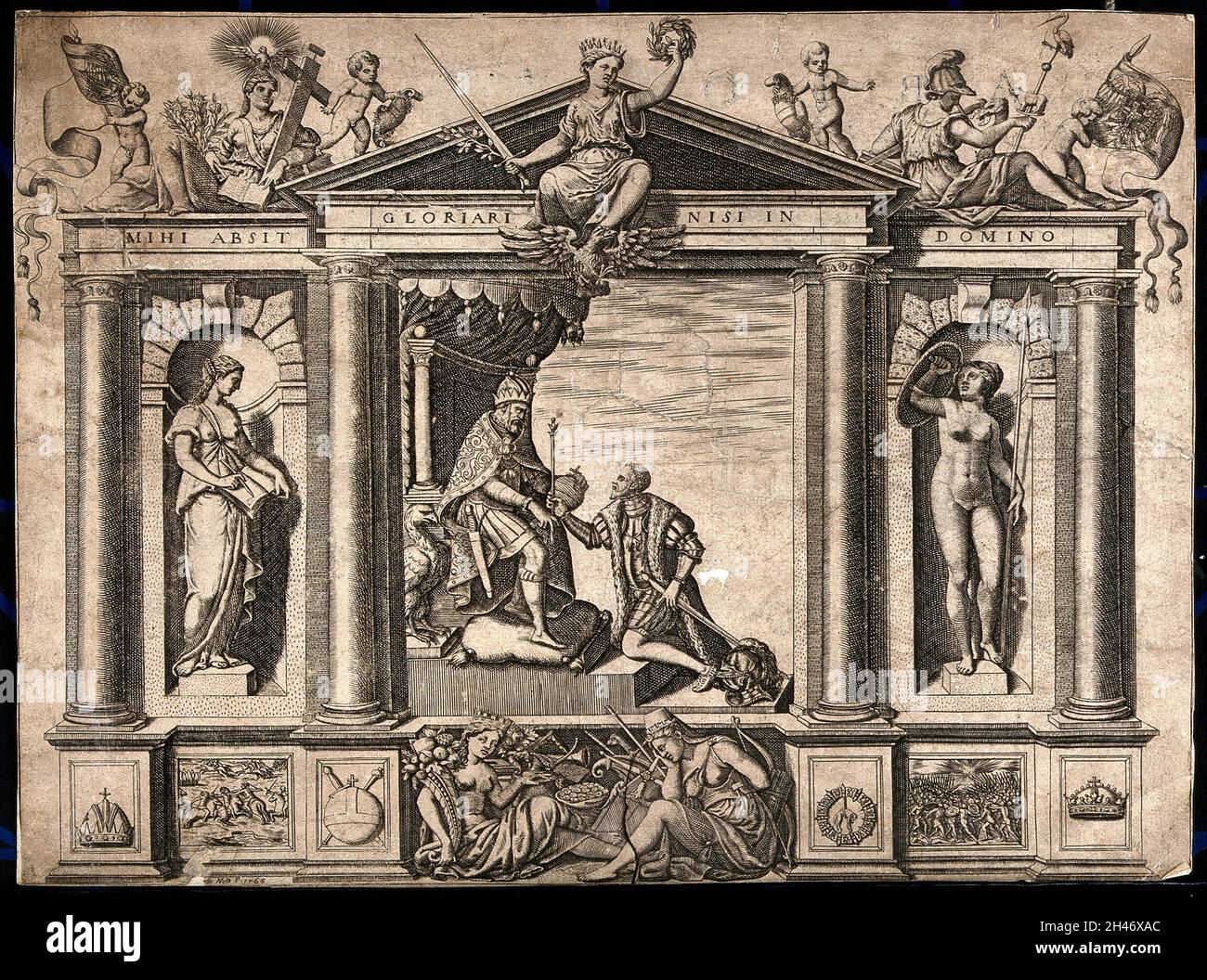 A triumphal arch decorated with Papal, Christian, Imperial and ...