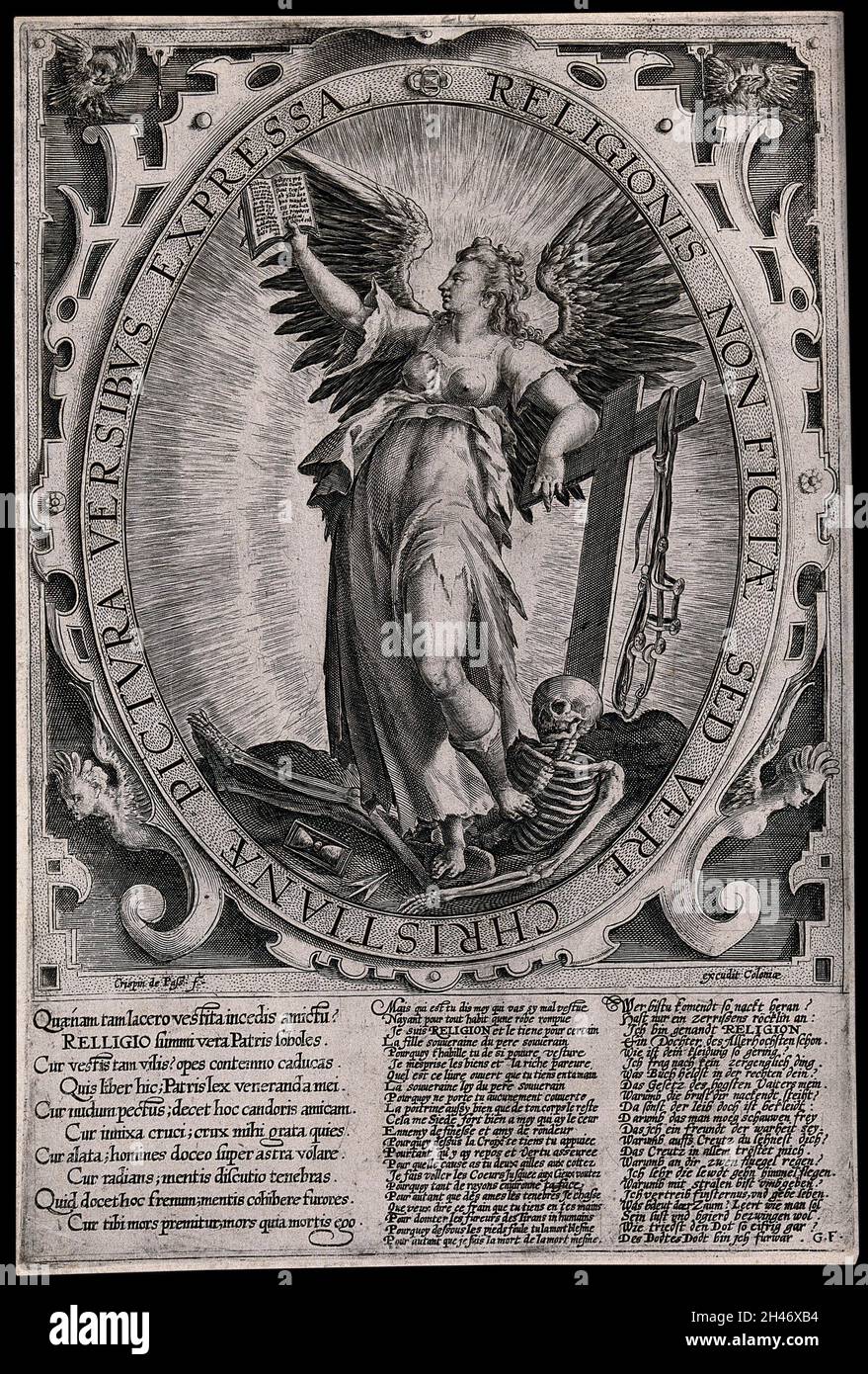 A woman personifying religion stands leaning on a cross and on top of a ...