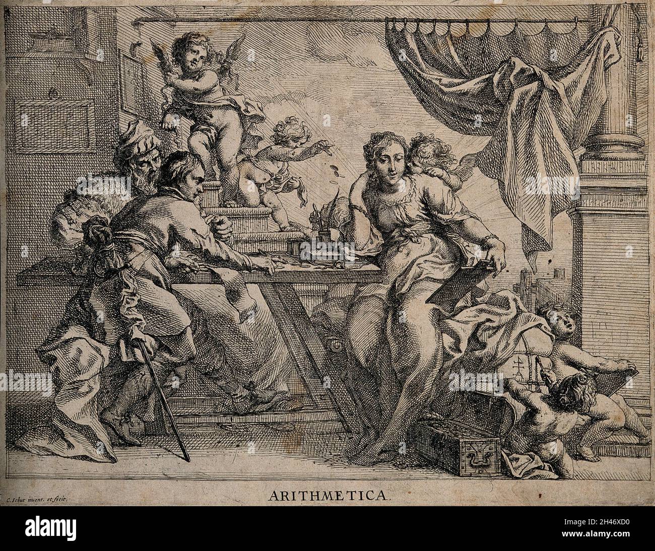Two merchants and a woman at a table; representing arithmetic. Etching ...