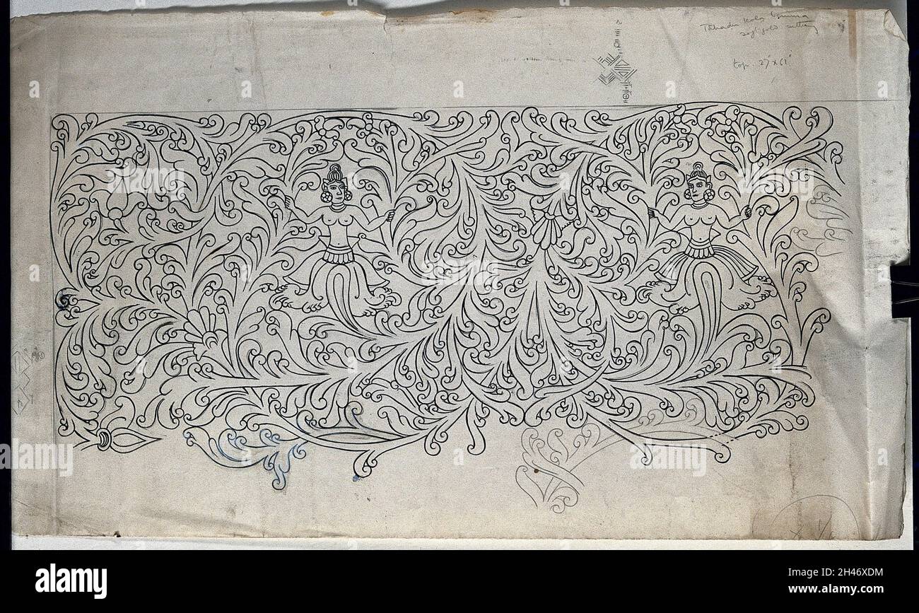 The cover of a Buddhist painted book box. Drawing by an Indian artist ...