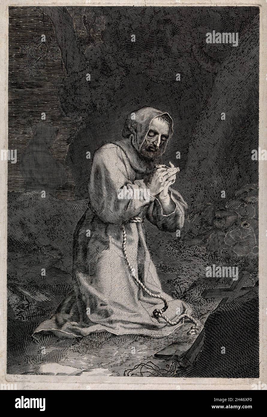 Saint Francis of Assisi in wilderness; kneeling in front of a crucifix ...