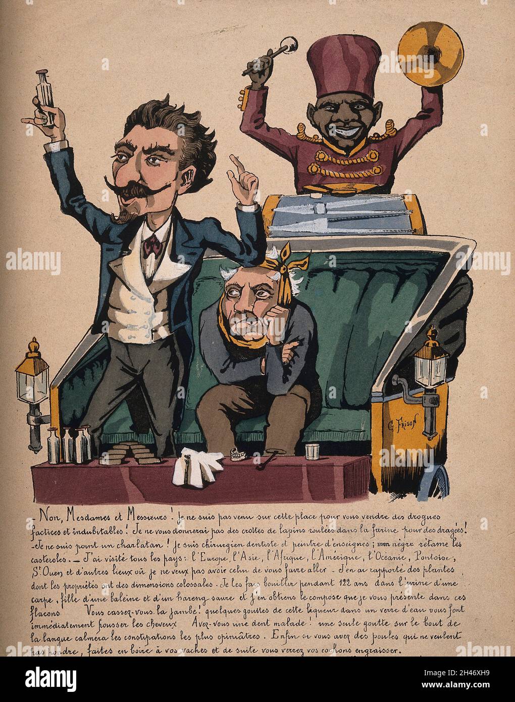 A medicine show; a moustachioed charlatan holds up a phial, a miserable ...