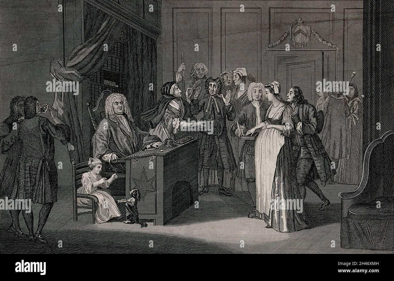 A courtroom scene with a judge, a pregnant woman, a guilty looking man ...