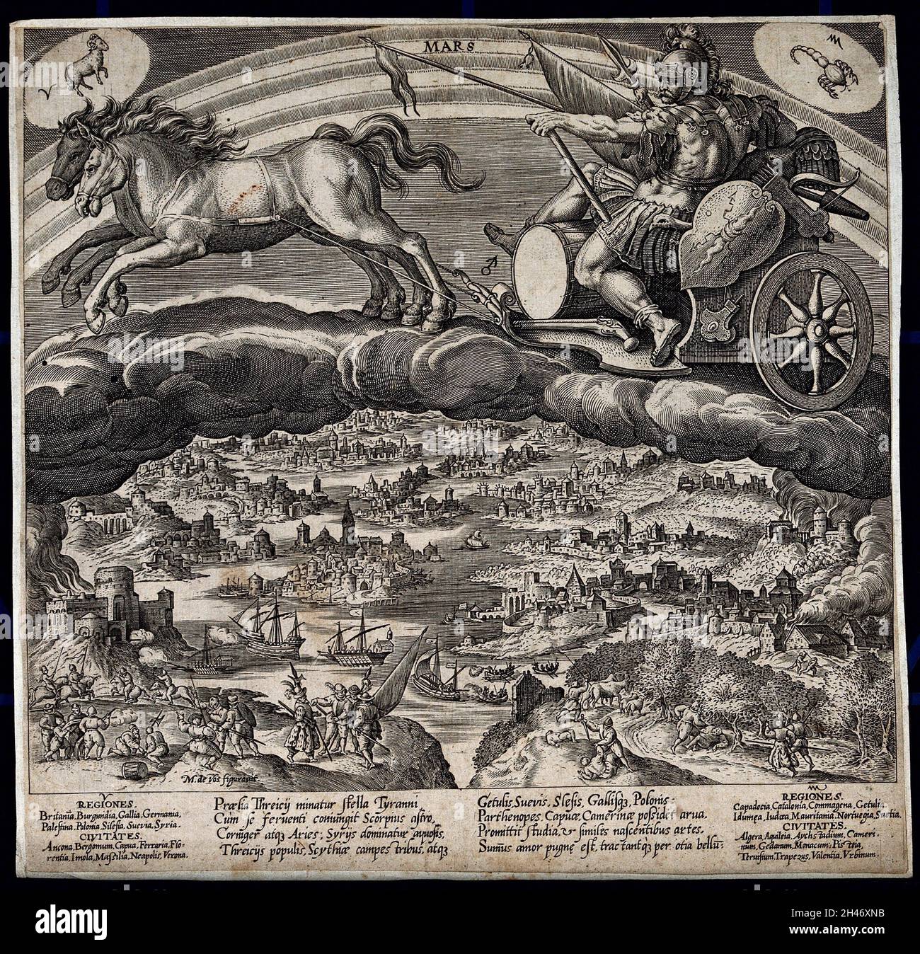 Mars in his chariot. Engraving by J. Sadeler after M. de Vos Stock ...