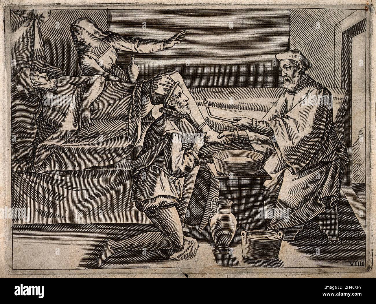 A surgeon instructing a younger surgeon how to bleed a male patient's ...