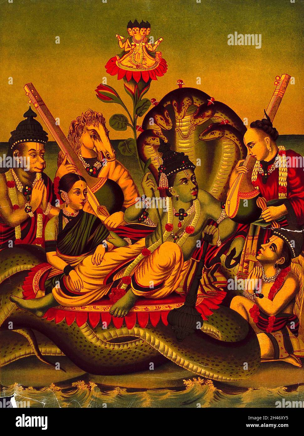 Vishnu resting on the ocean accompanied by Lakshmi, Tumbara, Hanuman ...