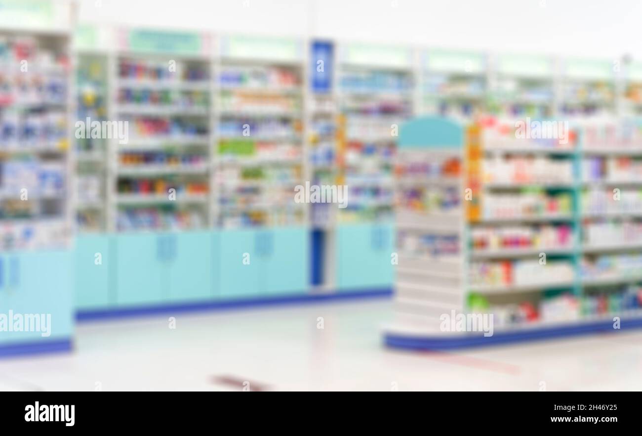 Pharmacy background. Blur counters of pharmacy with medicines, tablets ...