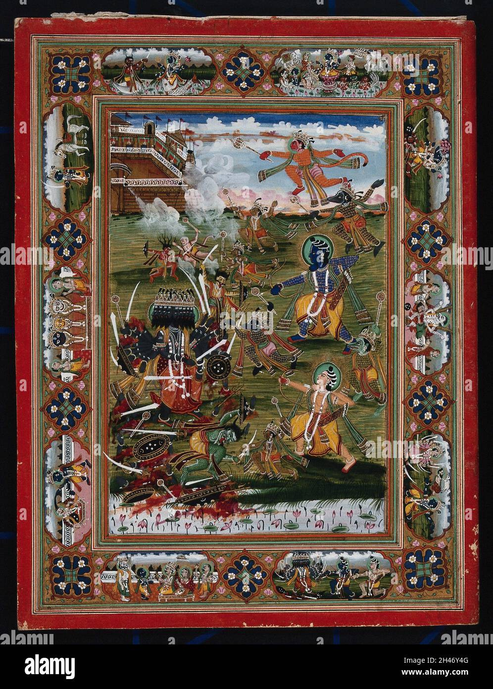 Vishnu in his incarnation as Ramachandra (blue figure) in battle with ...