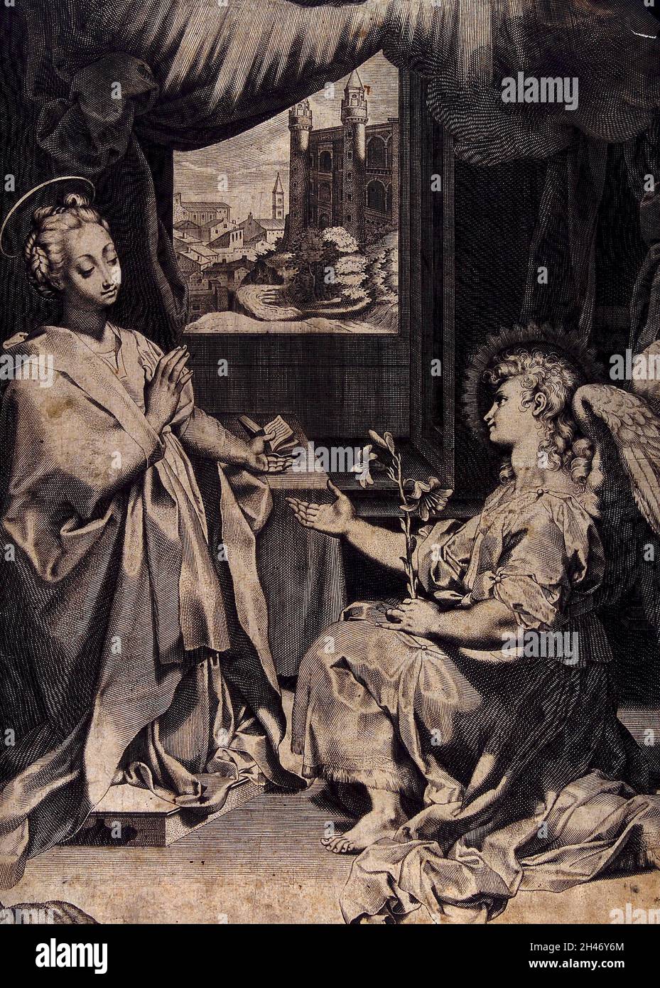 The Virgin sets aside her Bible as the angel appears, holding out his ...