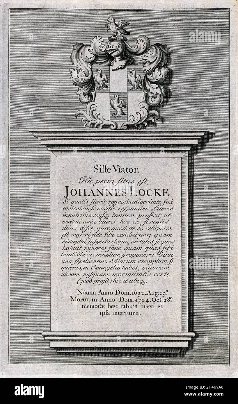 Epitaph of John Locke; above, his coat of arms. Etching Stock Photo - Alamy