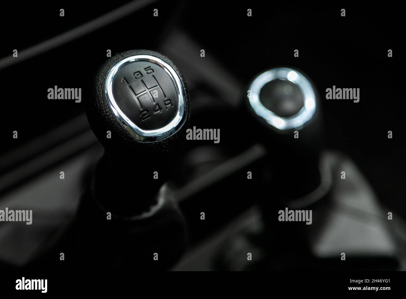 Close up of the manual gearbox transmission handle. Accelerator handle ...