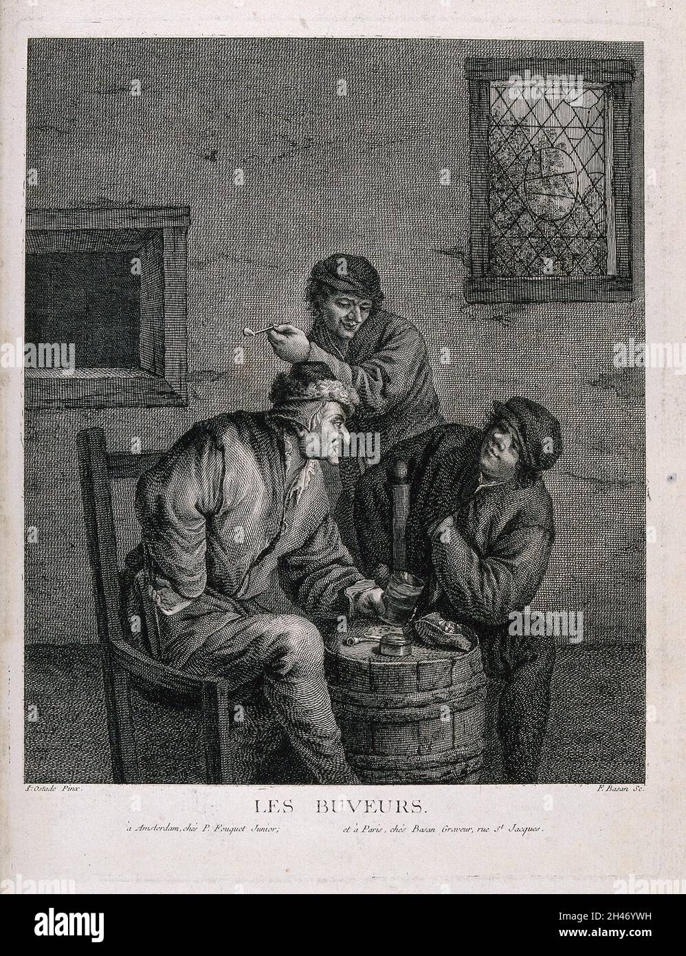 Three men round a barrel drinking, smoking and conversing. Engraving by ...