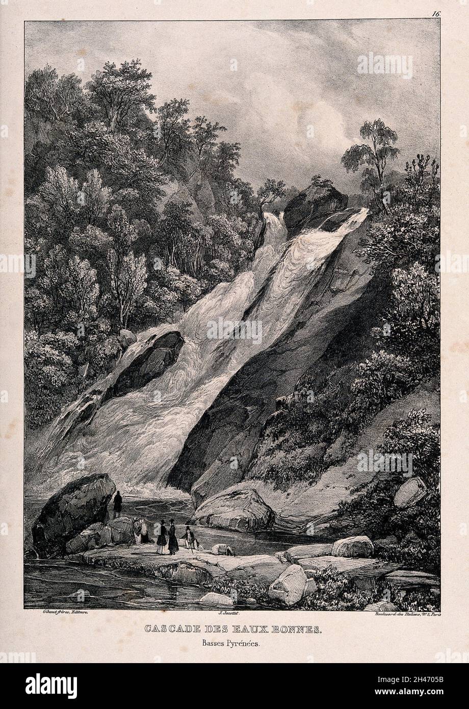 The waterfalls at Eaux-Bonnes, Pyrénées, France. Lithograph by J ...