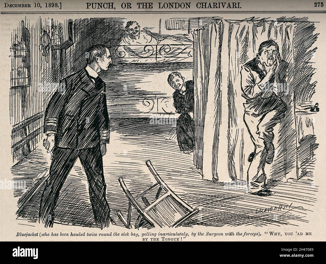 A sailor running away from the ships dentist who is attempting to pull ...