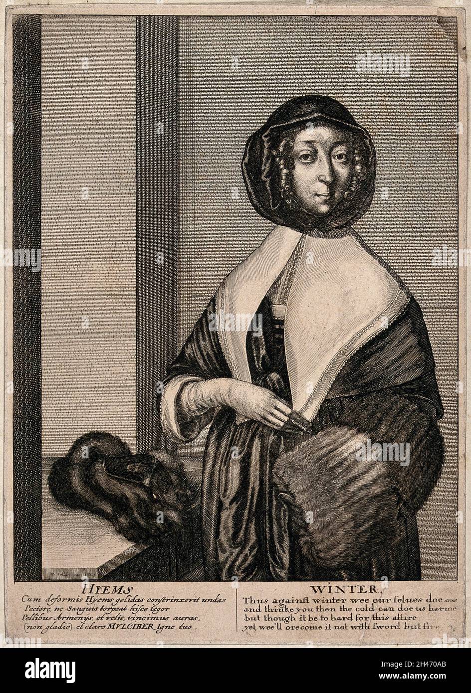 An elegant lady with gloves, mask and fur muff; representing Winter ...