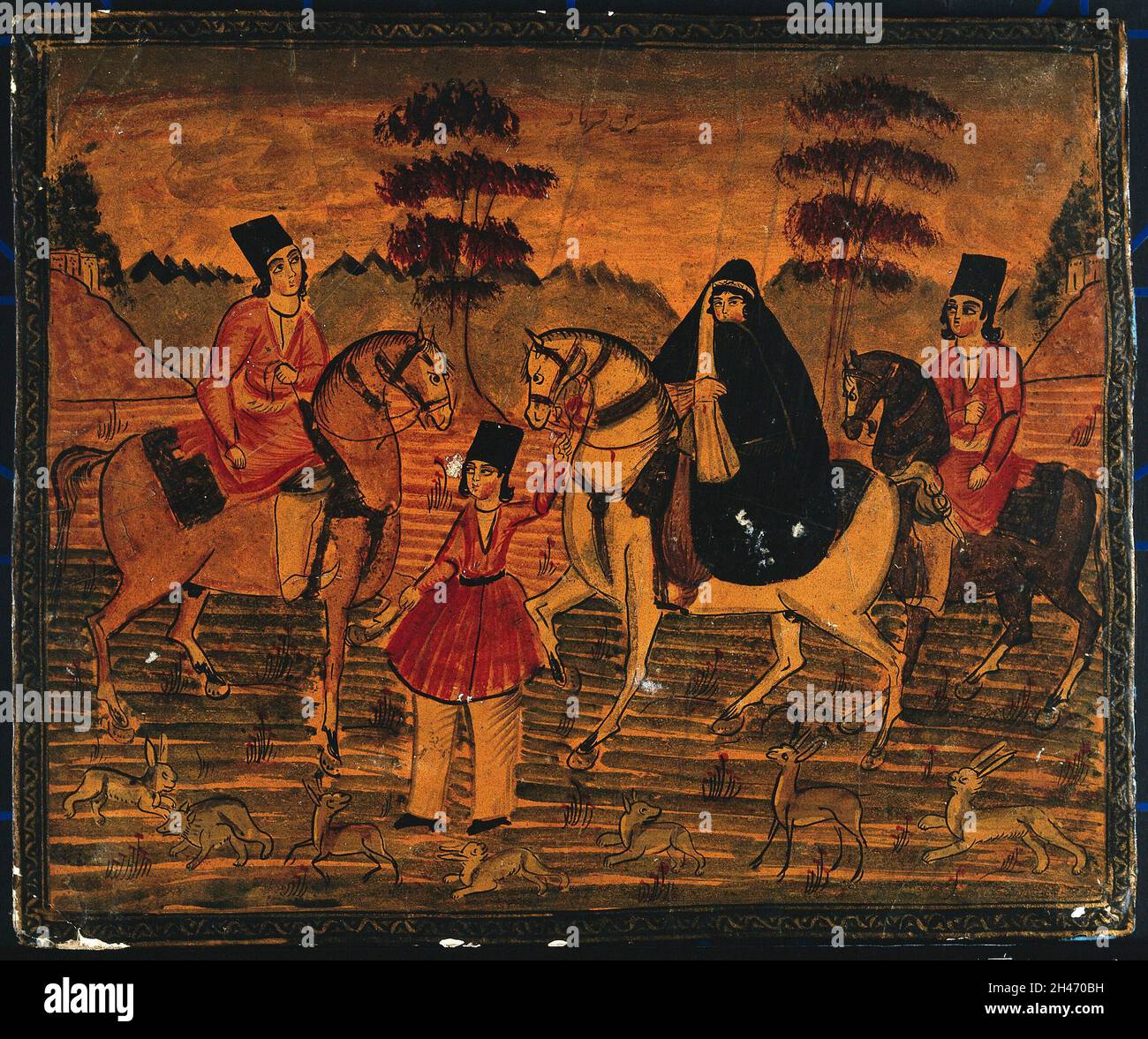 The meeting of Khusrau and Shirīn on the hunting field. Gouache ...